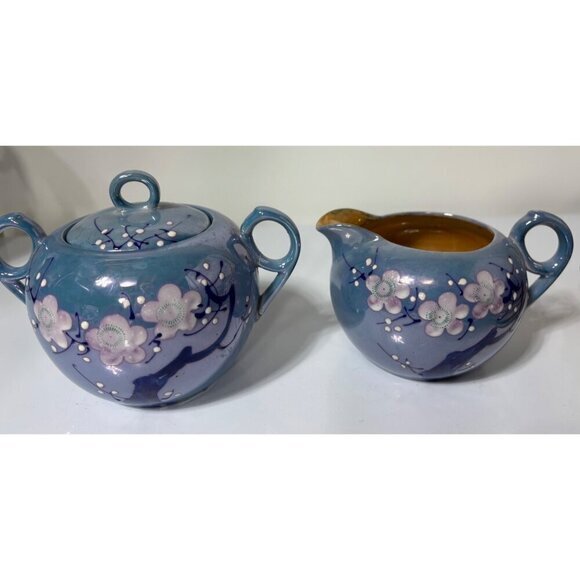 Dining | Vtg 3s Blue Ceramic Creamer Sugar Bowl Set Cherry Blossom ...